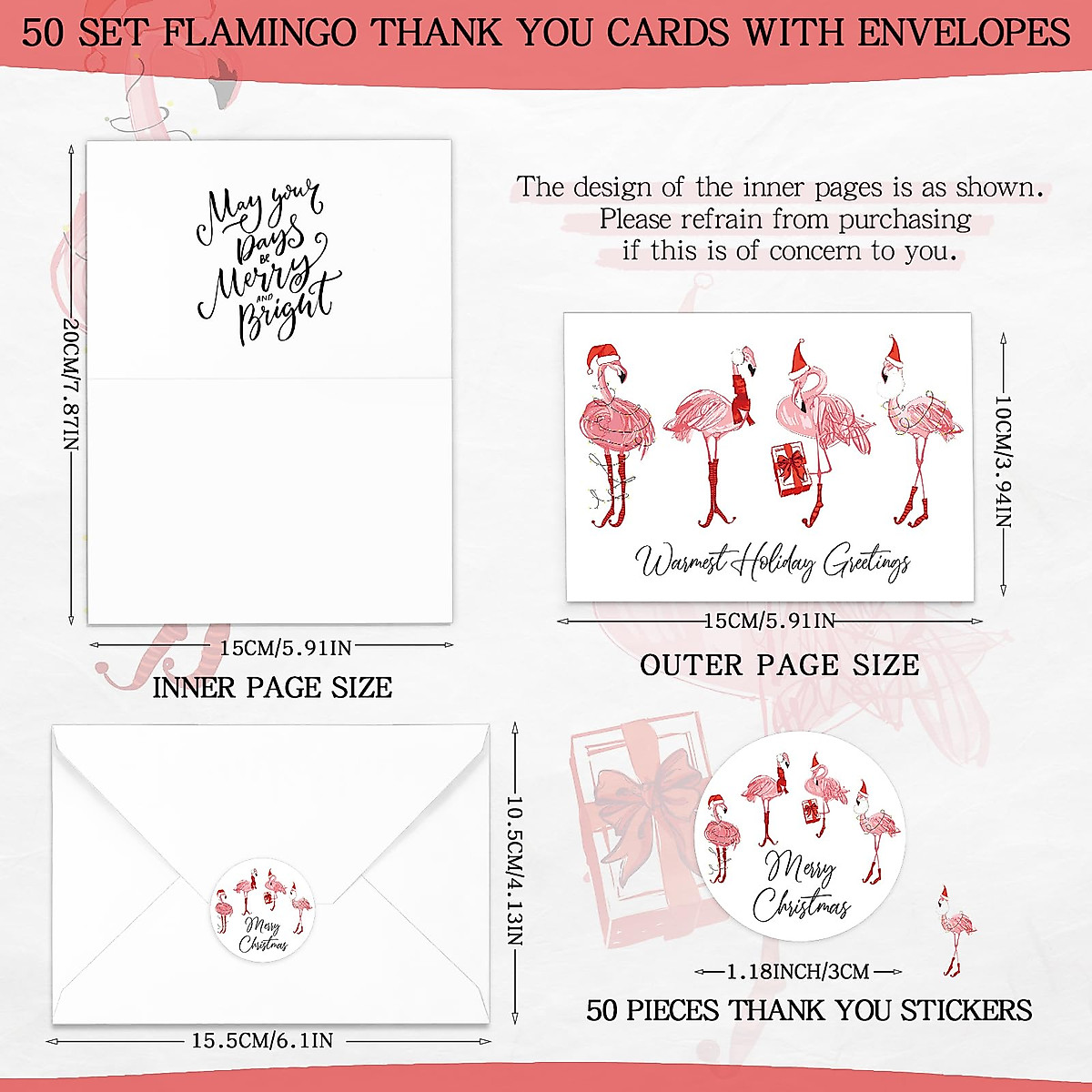 Poen 50 Sets Christmas Flamingo Thank You Cards with Envelopes and Stickers Merry Christmas Greeting Cards 4 x 6 Inches Funny Christmas Cards for Friend Family Coworkers Clients Holiday Wishes