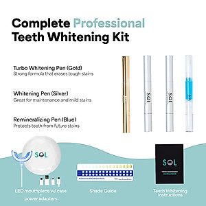 Sol Professional Teeth Whitening Kit with LED Light, Non-Sensitive & Fast Tooth Whitener, All Natural, Vegan, 3 Carbamide Peroxide Whitening Gel & 1 Remineralizing Pen, Shade Guide & Case, 50 Sessions