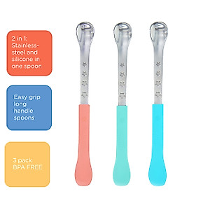 Nuby 2-in-1 Stainless Steel and Silicone Baby Weaning Spoons with Long Handles - 6+ Months, 3-Pack