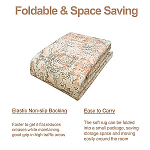 Moespace Washable Area Rug 5x7 ft, Oriental Living Room Rug Boho Nursery Rug for Bedroom, Non-Slip Carpet Print Distressed Retro Entryway Rug for Laundry Dining Room Office Hall, Orange