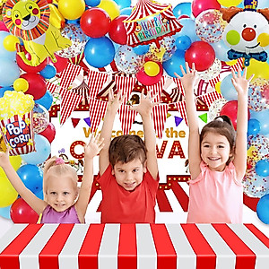 Carnival Theme Party Decorations, Circus Carnival Party Decoration Including Carnival Backdrop,Tablecloth, Latex Balloons and Lion & Popcorn Aluminum film balloon for Party Decorations Supplies