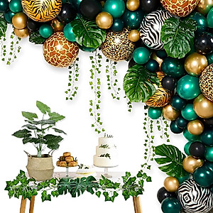 sherpaa Jungle Safari Green Balloon Garland Kits,Tropical Decorations Backdrop,Tropical Leaves,Ivy Vines,Animal Print Foil Balloons,Wild One Birthday Party Supplies for Baby Shower
