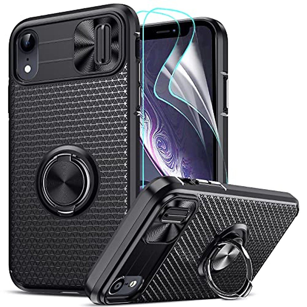 LeYi for iPhone XR Case: iPhone XR Phone Case with [2 Pack] HD Screen Protectors, Armor Defender Non-Slip Textured Back with Camera Cover & Stand Case for iPhone XR, Black