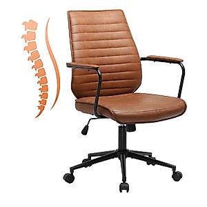 Brown Leather Office Chair, Ergonomic Mid-Back Executive Conference Task Chair, Ribbed Height Adjustable Swivel Rolling Chair for Home Office (Brown)