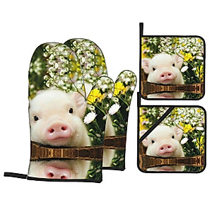 Rape Flower Pig Extra Long Oven Gloves and Hot Pads Set 4pcs for Cooking and Baking with Pockets
