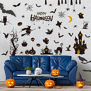 AnyDesign Halloween Wall Decals Bats Ancient Castle Wall Stickers Halloween Removable DIY Wall Art Stickers for Halloween Home Classroom Birthday Party Decoration, 11.8 x 13.8 Inch, 6 Sheets