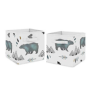 Sweet Jojo Designs Slate Blue and White Bear Mountain Watercolor Organizer Storage Bins for Collection - Set of 2