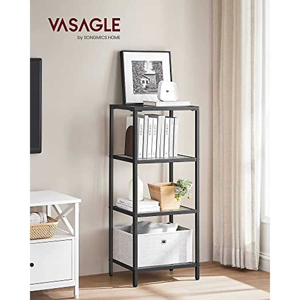 VASAGLE Bookcase, 4-Tier Bookshelf, Slim Shelving Unit for Bedroom, Bathroom, Home Office, Tempered Glass, Steel Frame, Black ULGT028B61