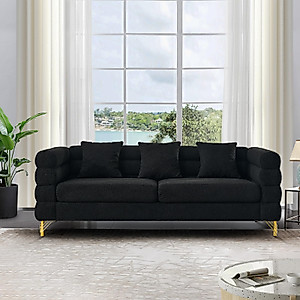 81-inch Couches + 60-inch Loveseat Sofa for Living Room, Set of 2 Modern Teddy Fabric Upholstered Sofa Couch with Square Arm and 4 Golden Metal Legs for Living Room, Office, Apartment, Black