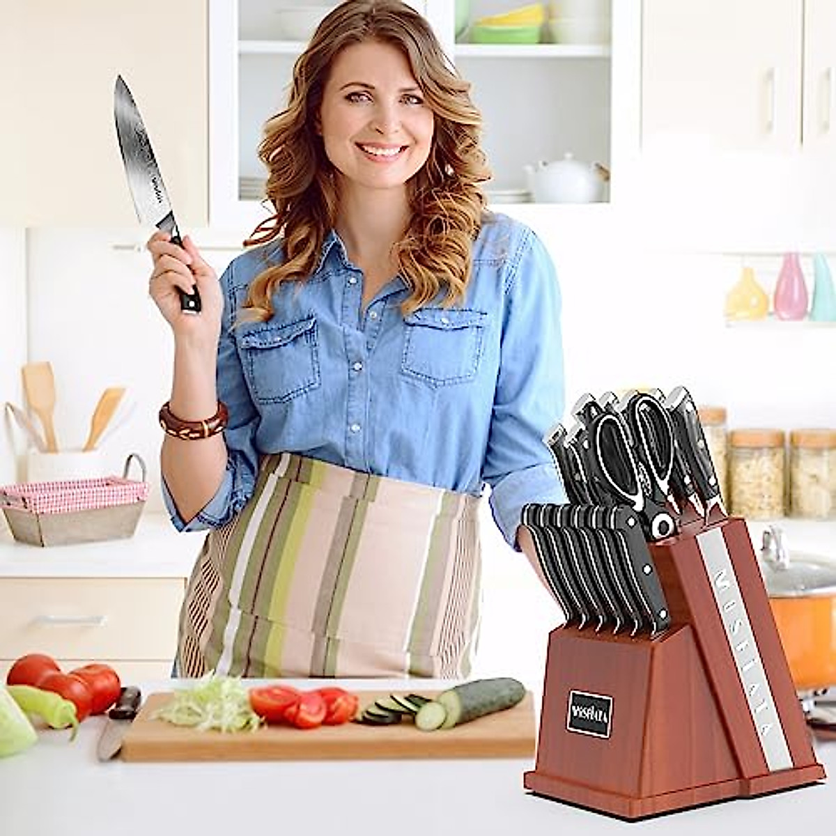 MOSFiATA Knife Set-18Pcs Kitchen Knife Set with Knife Holder &Sharpening Rod, German High Carbon Stainless Steel Chef knife set with Micarta Handle