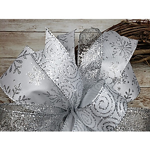 Christmas Winter Silver White Snowflake Bow for Wreath 10 inches