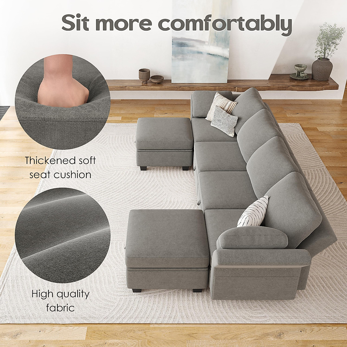 AYEASY Modular Sectional Sofa, U Shaped Sofa Couch with Storage Seats, Sectional Couches for Living Room with Chaise, 6 Seats Convertible Sofa Bed High Supportive with Adjustable Backrest 112", Grey