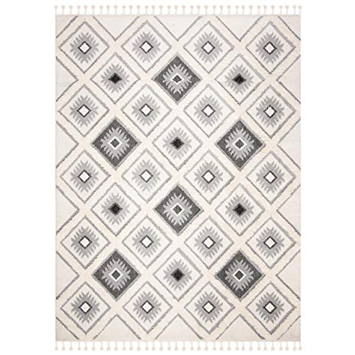 SAFAVIEH Moroccan Tassel Shag Collection 10' x 14' Ivory/Grey MTS601F Boho Non-Shedding Living Room Bedroom Dining Room Entryway Plush 2-inch Thick Area Rug