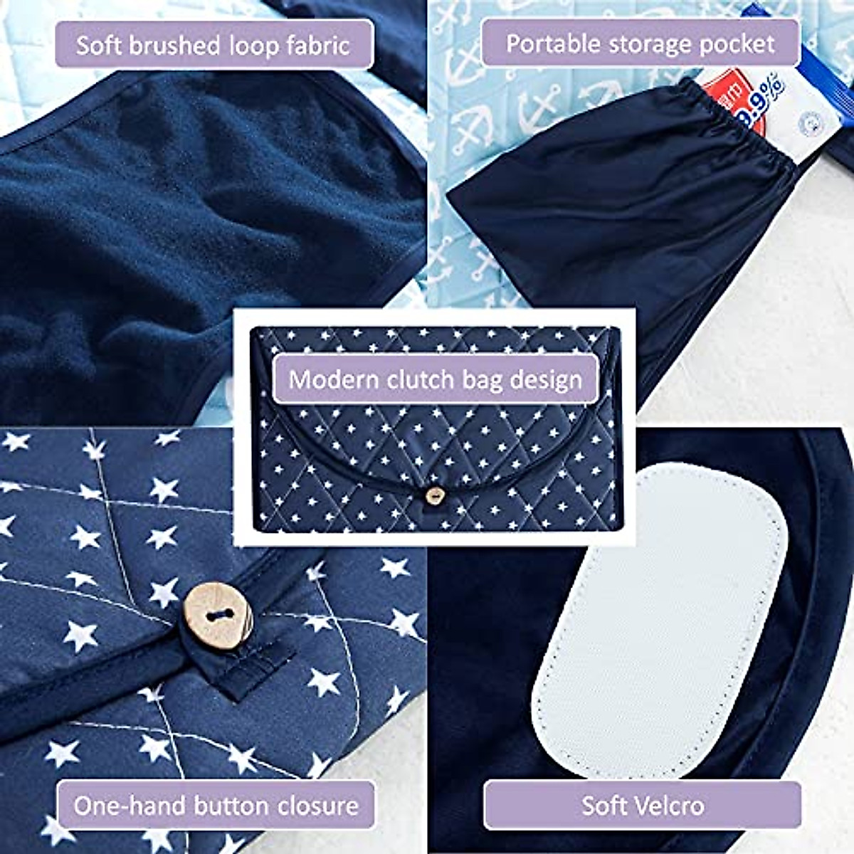 Diaper Changing Pad with Protecting Wraps, Portable Changing Pad for Moms & Dads, Baby Changing Pad as Baby Gifts for Shower, Travel, Newborn Boys, Dark Blue Stars - Light Blue Anchor
