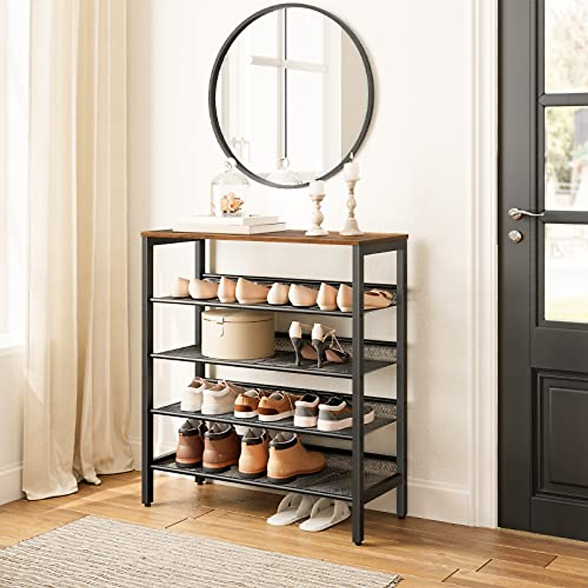 HOOBRO Shoe Rack, 5-Tier Shoe Storage Unit Flat & Slant Adjustable Shoe Organizer Shelf for 16 Pairs, Durable and Stable, for Entryway, Hallway, Closet, Dorm Room, Industrial, Rustic Brown BF01XJ01
