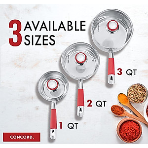 Concord 3 Quart Stainless Steel Saucepan with SIMPLE POUR Vented Glass Lid. Features Dual Pouring Spouts and Volume Marking. Perfect for making Sauces, Jam, Ramen, and more