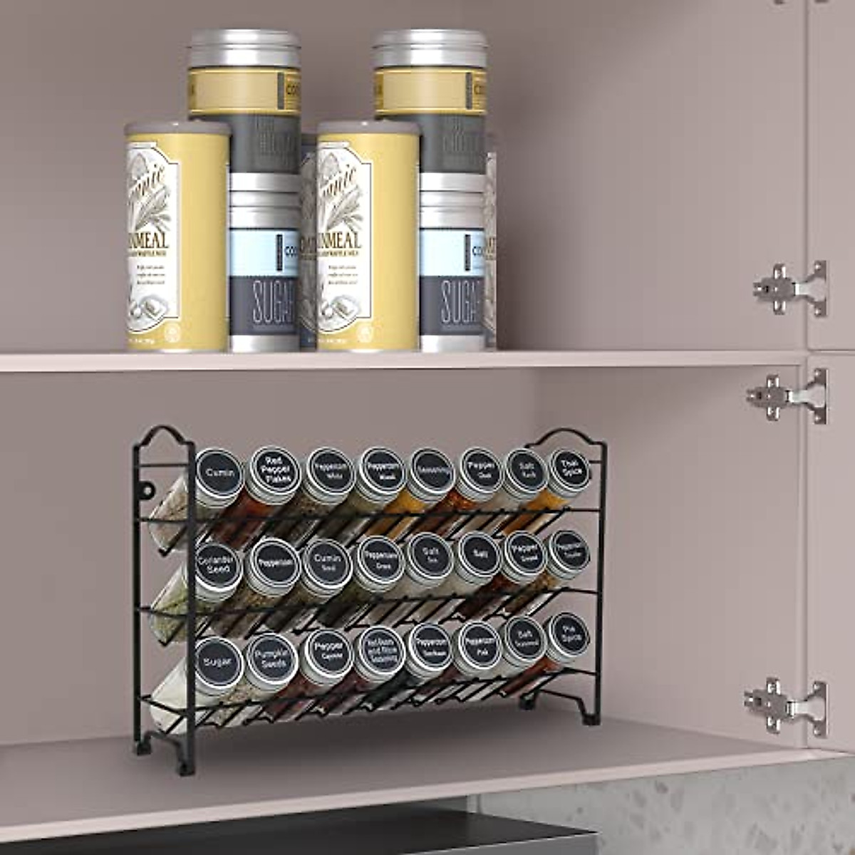 SWOMMOLY Spice Rack Organizer with 24 Empty Round Spice Jars, 396 Spice Labels with Chalk Marker and Funnel Complete Set, Spice Rack Organizer for Cabinet, Pantry, Countertop or Wall Mount, Black