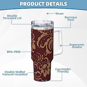 Xiexide 40oz Rustproof Outdoor Flower Maroon Gold Floral Classy Antique Double Walled Vacuum Insulatedith Handle And Straw,Hot & Cold Drinks