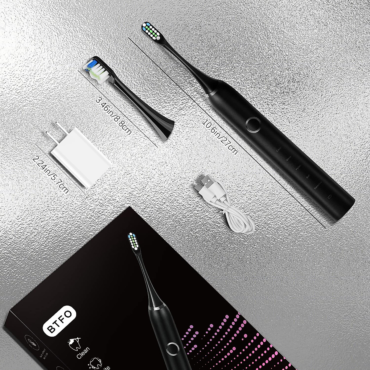 BTFO Sonic Electric Toothbrush with 5 Modes, 2pcs Replacement Brush Heads USB Rechargeable Smart Electronic Toothbrush with Holder for Adults IPX7 Waterproof Smart Timing Fast Charging (Black)