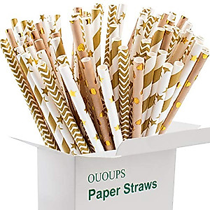 Paper Straws 100-Pack Gold Biodegradable, 7.75 Inches, Foil Striped, Wave,Heart, Gold, Bulk, Stars Paper Straws Ououps…