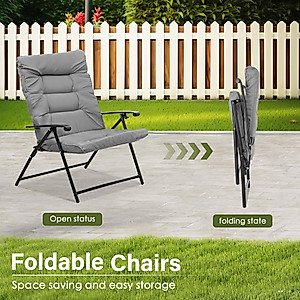 Brightpeak 3 Pcs Patio Folding Bistro Set, Outdoor Metal Adjustable Recliner Furniture Set, 2 Foldable Padded Chairs and Coffee Bistro Table Set for Balcony, Backyard, Porch (Grey)