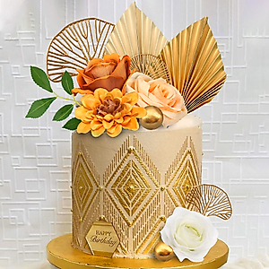 10PCS Boho Cake Topper Flower Cake Topper Gold Palm Leaves Cake Decorations with Artificial Cotton Rose Ginkgo Leaves and Balls for Birthday Party Wedding Baby Shower Boho Themed Party Supplies