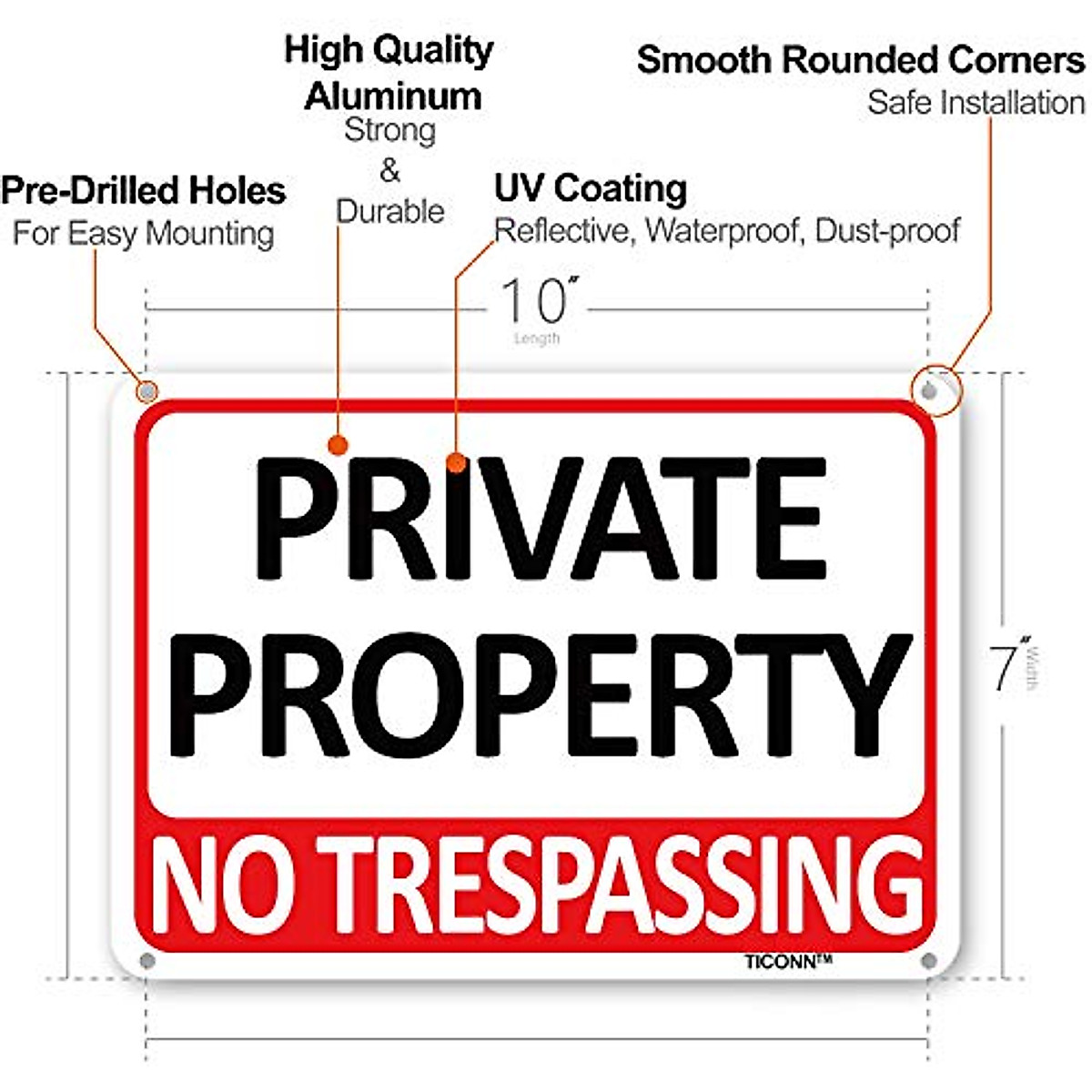 TICONN 4-Pack Private Property Sign, No Trespassing Aluminum Warning Sign, 7’’x10’’ for Security Alert, Reflective, UV Protected & Waterproof