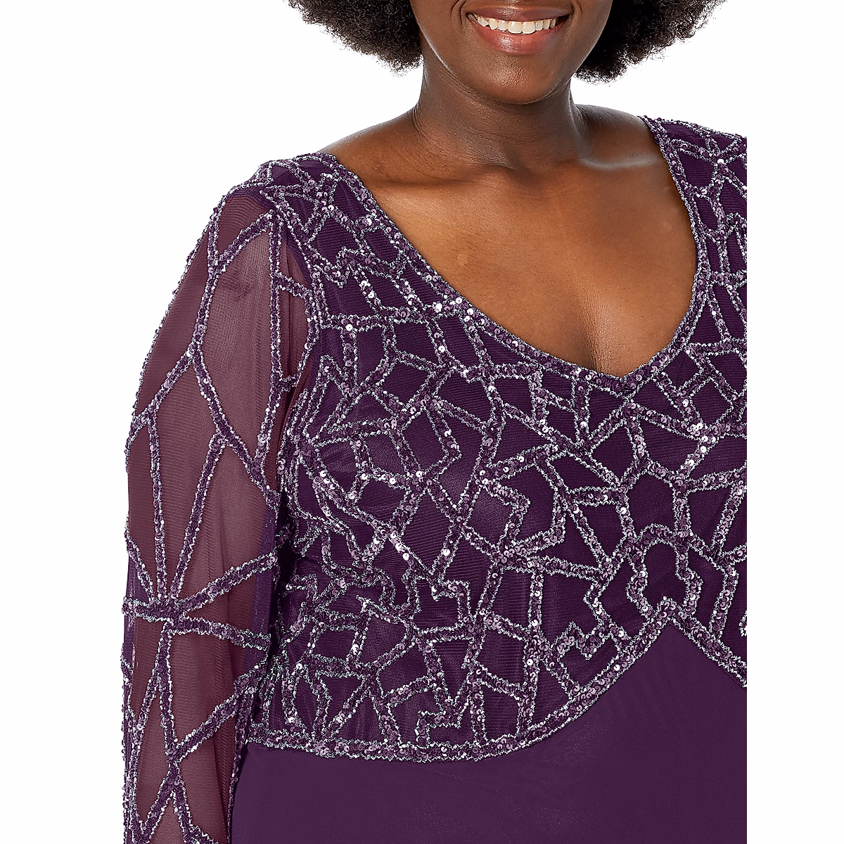 J Kara Women's Plus Size 3/4 Sleeve Geo Beaded Gown, Plum/Mercury/Silver, 18W
