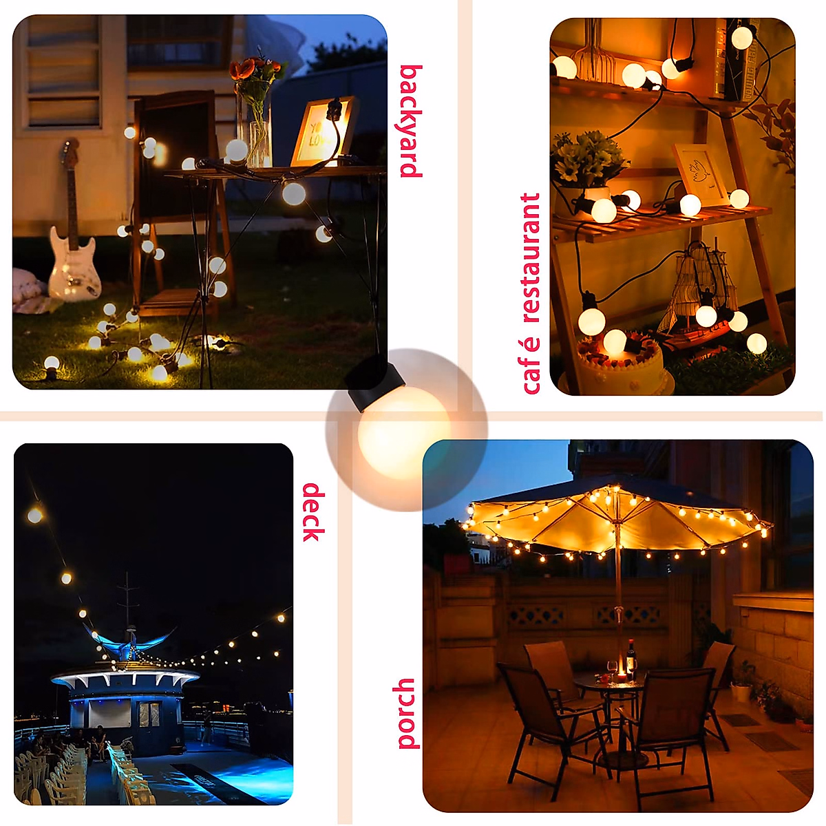 ENCHANT Outdoor String Light 43 FT Strand –LED Lights with 20 Bulbs (2 LED Chips Spare), Weatherproof Connectable Hanging for Patio Garden Bistro Café Night Party Decoration Warm White G50-G1