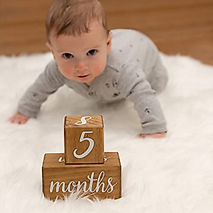 Pondering Pine Baby Milestone Blocks - Natural Pine Wood with Weeks Months Years Grade - Milestones Age Block Set with Boho Rainbow Bag, Newborn Weekly Monthly First Year Picture Props, Earth Friendly