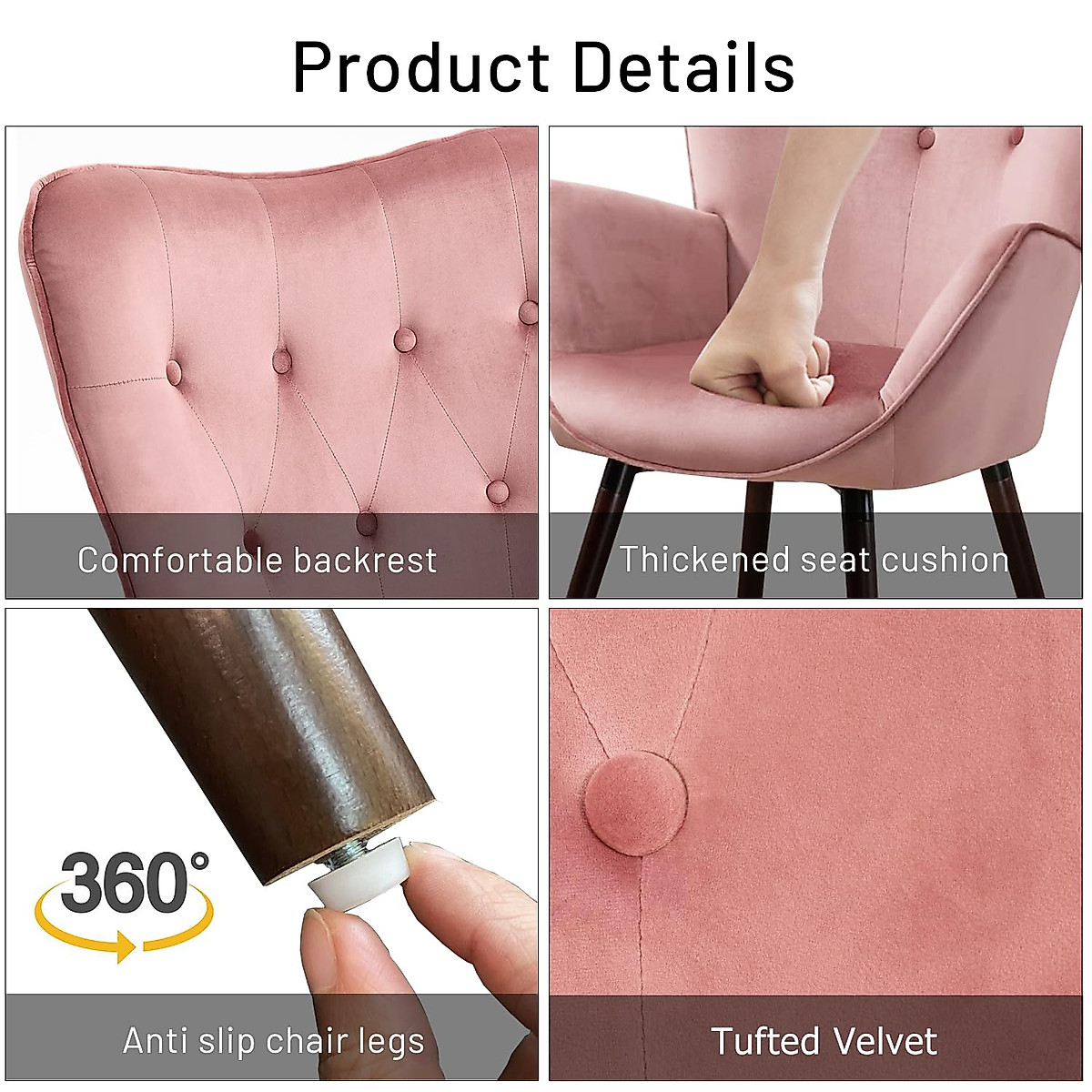 FurnitureR Velvet Accent Chair, Modern Wingback Tufted Vanity Armchair Upholstered Tall Back with Arms Solid Wood Legs for Living Bedroom Waiting Room Lounge Leisure, Rose