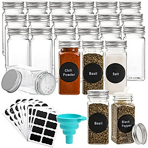 WUWEOT 24 Pack Plastic Spice Jars, 4 oz Spice Bottle Square Seasoning Containers, Reusable Salt Pepper Shaker with Airtight Lid Labels and Funnel for Spice, Herbs, Powder and Glitters