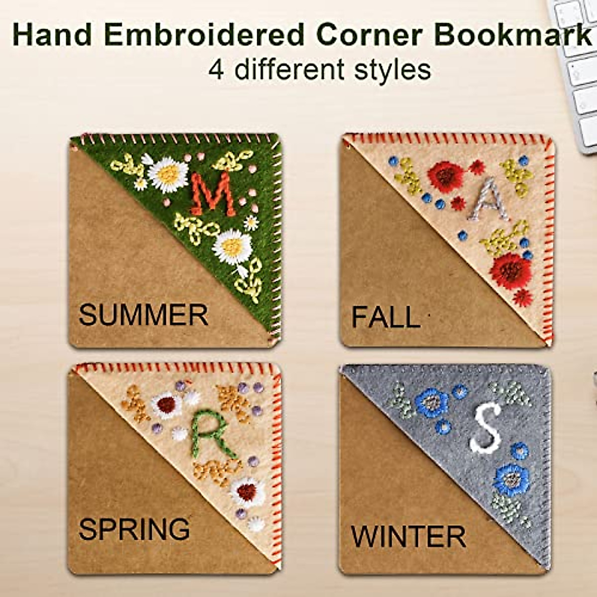 2PCS Personalized Hand Embroidered Corner Bookmark, Felt Triangle Bookmark, Cute Felt Triangle Bookmark, Cute Flower Letter Embroidery Bookmarks for Book Lovers Kids Teachers（A+S）