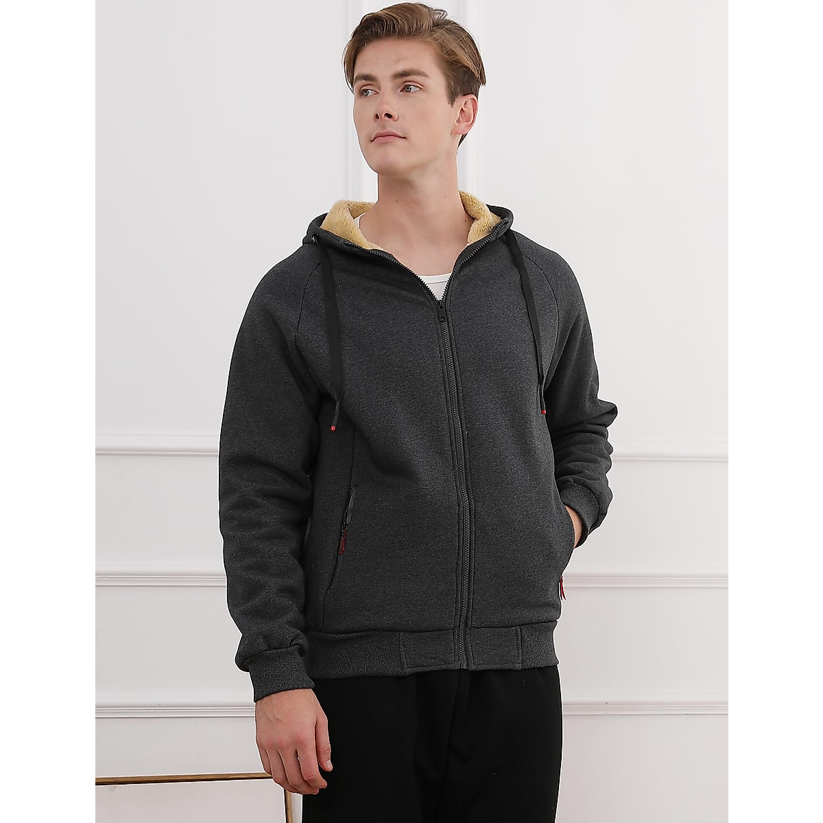 Gihuo Men's Winter Sherpa Lined Hoodie Zip Up Sweatshirt Heavyweight Warm Fleece Jacket with Pockets (Dark Grey, Large)