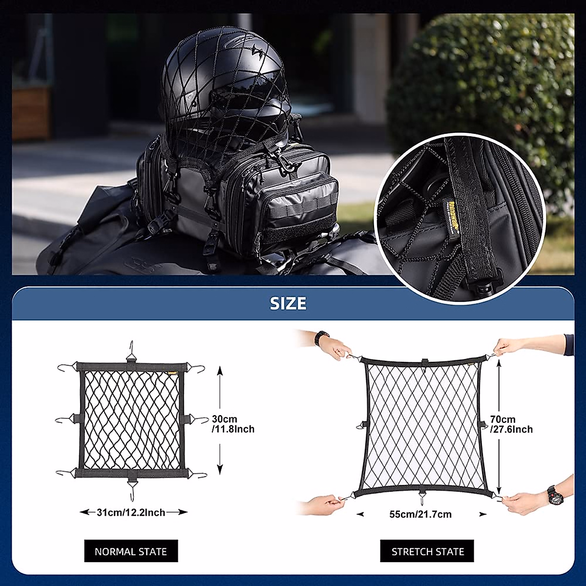 Rhinowalk Motorcycle Luggage Net Cargo Net Helmet Luggage Net with Adjustable Metal Hooks for Motorcycles and Bicycles