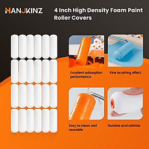 HANJKINZ Foam Paint Roller, 24 Pack, 4 Inch Mini Paint Roller Covers, High Density Foam Paint Roller, Small Paint Rollers for All Flat Surfaces, Suitable for Wall，Kitchen Cabinets, Doors, Tables, Etc