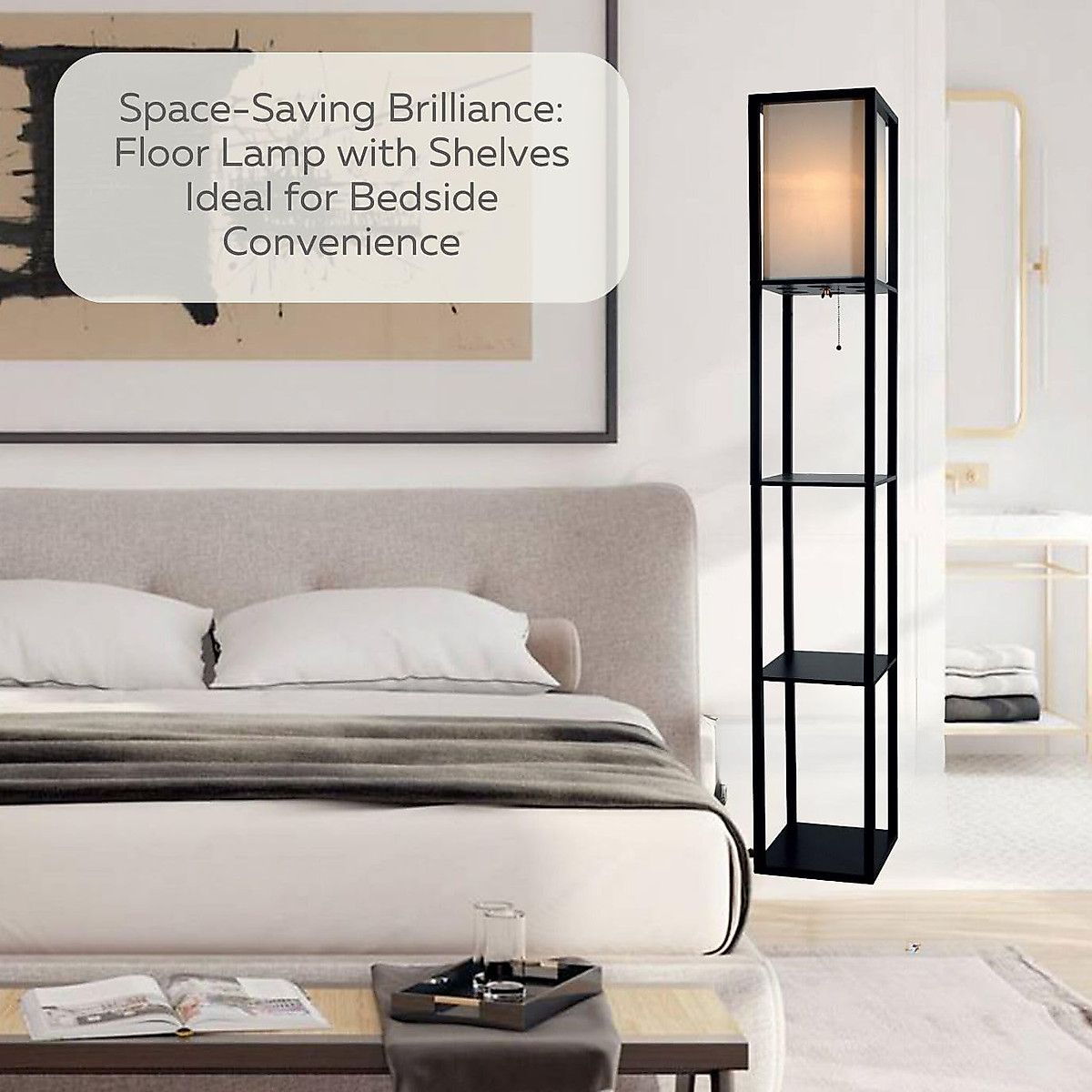 Floor Lamp with Shelves - Room Light by LIGHTACCENTS - Corner Storage Standing Bookshelf Lamp - Bedroom Light with Wooden Storage Shelves and White Cotton Linen Shade (Black)