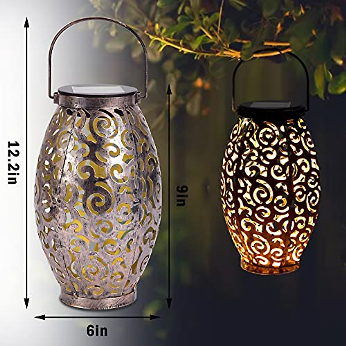 2Pcs Solar Lanterns Outdoor Waterproof Hanging Solar Garden Hollow Lanterns LED Lanterns with Handle Decorative Projector Night Light for Courtyard Porch Pathway Walkway Tree Fence Christmas