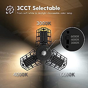 2-Pack 3CCT LED Garage Light with 3 Deformable Panels, 60W 6000LM with E26/27 Medium Base, 3000K/4000K/6000K Selectable Triple LED Garage Lighting, Screw in LED Tri Light for Attic, Basement(Black)