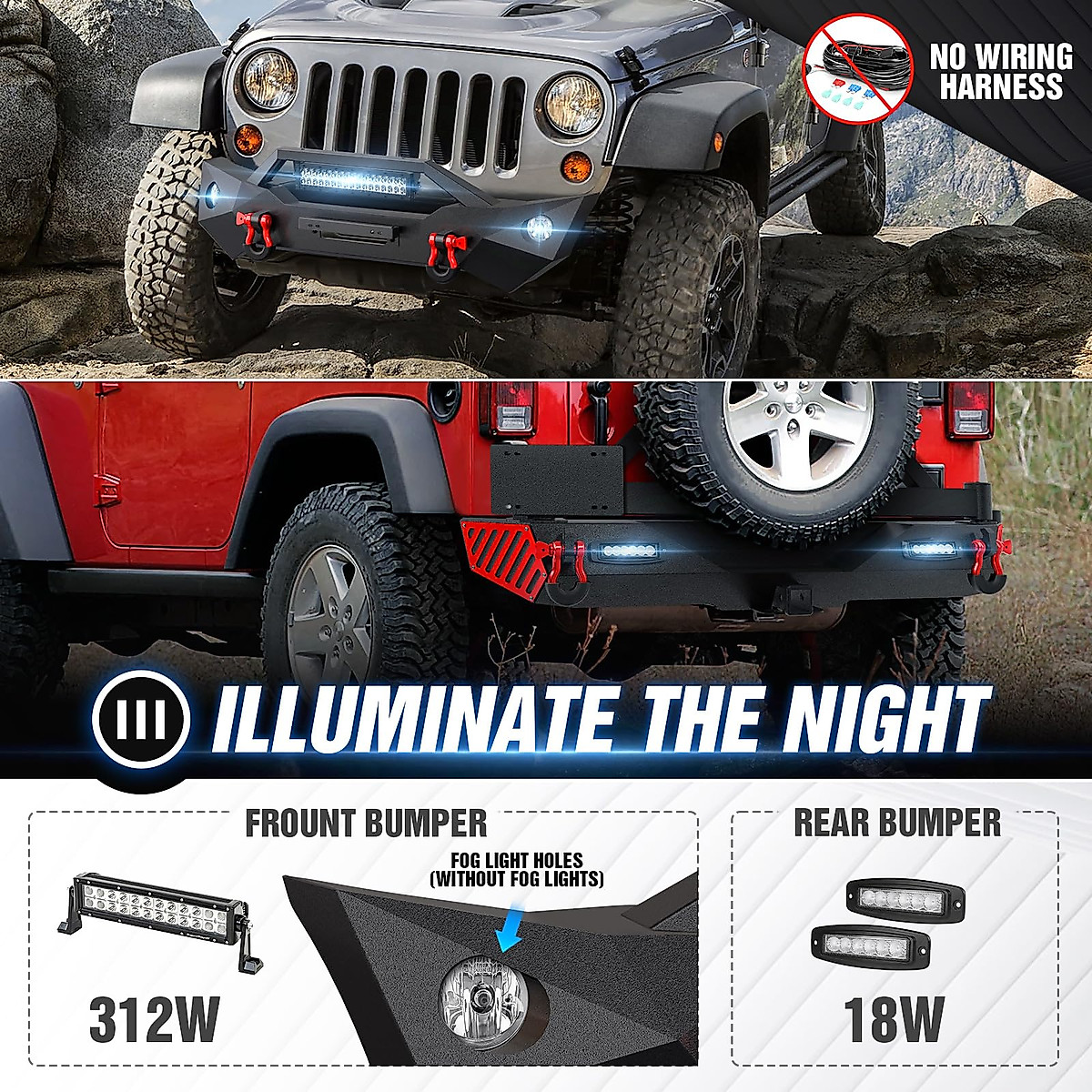 OBNAUX Front & Rear Bumpers w/Tire Carrier for 2007-2018 Jeep Wrangler JK JKU Unlimited w/Winch Plate, License Plate Bracket, Paintable Armor, OE Fog Light Holes, Hitch Receiver & D-rings
