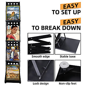 PUJIANG 4 Pockets Folding Magazine Rack，Floor Metal Black Literature Rack with Case Brochure Stand Literature Stand Catalog Holder Stand Flyer Display Stand for Trade Show Exhibition Office Retail
