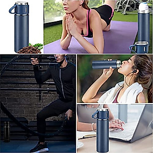 Coffee Thermos Stainless Steel Vacuum-Insulated Water Bottle, 500ml/16.9oz Insulated Bottle with Cup for Hot & Cold Drink Travel Mug (Blue, Three Cup)