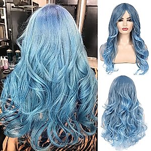 Beweig Blue Wig for Women Long Curly Wavy Pastel Blue Wig Side Part Synthetic Halloween Cosplay Wig with Wig Cap …