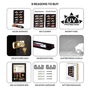 Pocket Knife Display Case for Wall Knife Collection Display Case with Patented Step Design and Removable Shelves to Use as Wall Mount Shadow Box Cabinet that Holds up to 20 Locking Knives Color Black