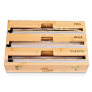 WOODZII 3 in 1 Plastic Wrap Dispenser with Cutter - Bamboo Foil and Plastic Wrap Organizer for Kitchen Drawer or Wall Mount - Wax Paper & Aluminum Foil Organizer Compatible with 12" Roll