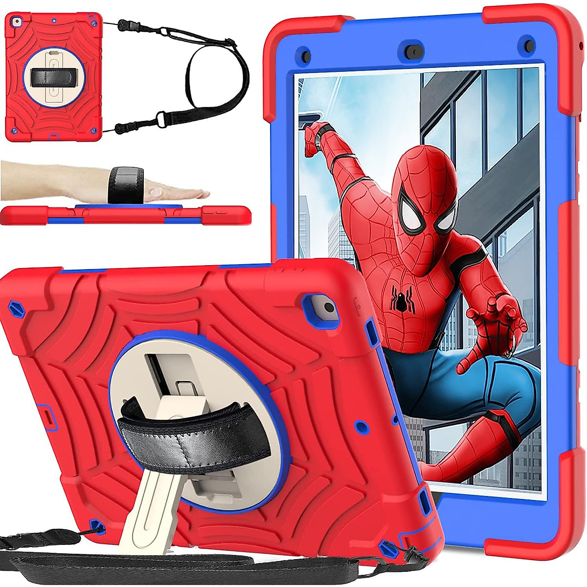 BMOUO Case for iPad 6th/5th Generation (9.7 inch, 2018/2017), with Screen Protector, 360 Rotating Stand & Hand & Shoulder Strap Kids Case for iPad 6th/5th Gen, Red