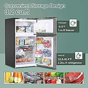 3.0 Cu.Ft. Mini Fridge with Freezer 2 Door Refrigerator and Freezer Compact Small Fridge for Bedroom Home Office Dorm, Small Drink Chiller, 37 dB Low Noise, Stainless Steel