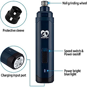 Casfuy Dog Nail Grinder Upgraded - Professional 2-Speed Electric Rechargeable Pet Nail Trimmer Painless Paws Grooming & Smoothing for Small Medium Large Dogs & Cats (Dark Blue)