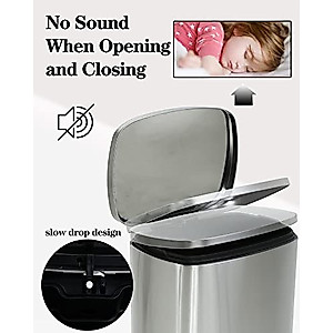 Pazidom 13 Gallon Step Trash Can with Soft Close Lid, 50 Liter Stainless Steel Pedal Garbage Bin with Removable Inner Bucket, Tall Rectangular Trash Bin for Kitchen Office Bedroom, Silver