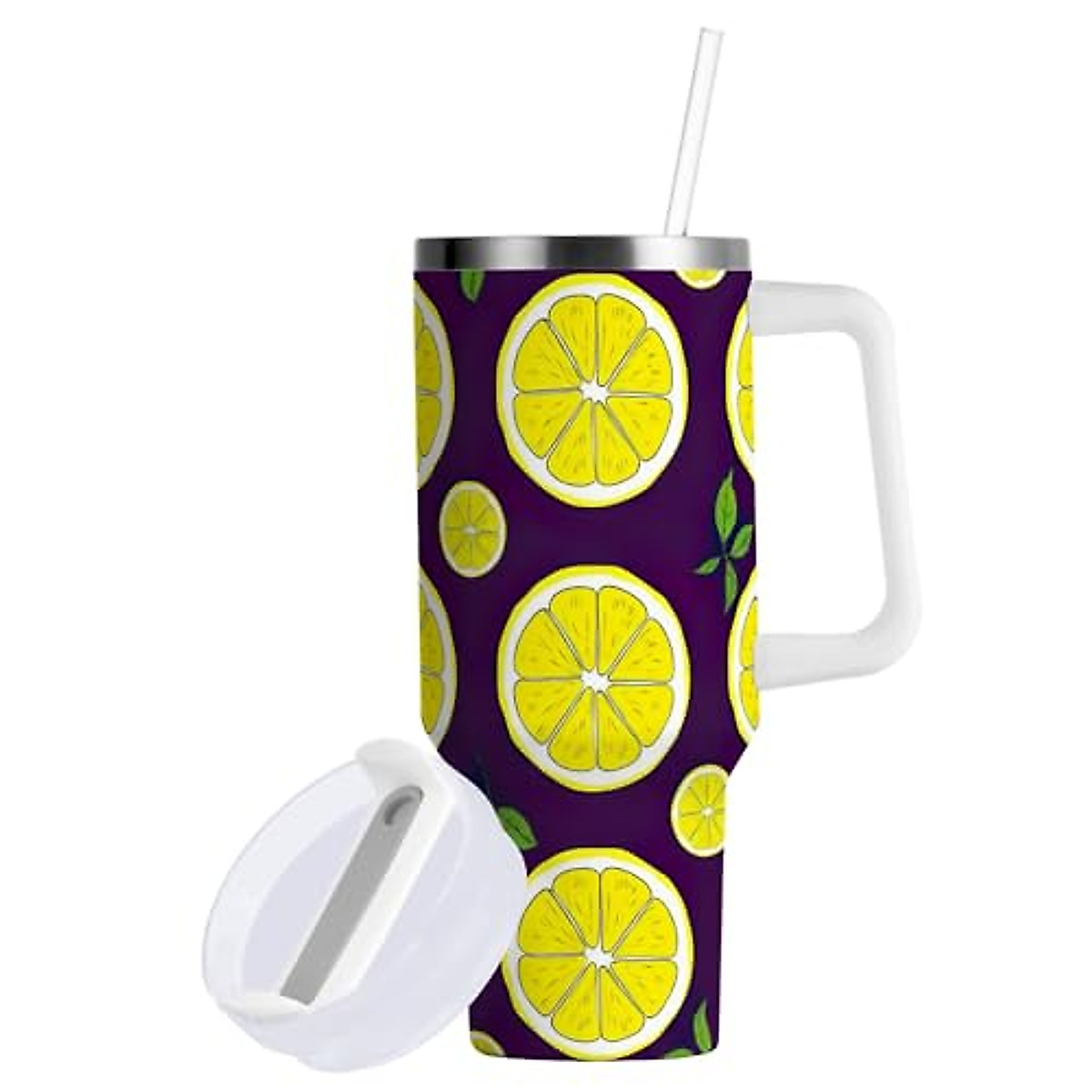 Lemon Purple Stainless Steel Insulated Tumbler with Straw and Handle for Water, Tumbler Insulated 30 OZ / 0.89 L